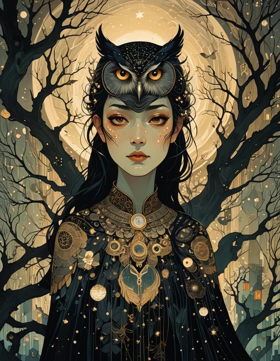 Portrait victo ngai style, owl-woman hybrid of shadow, black ink skin ...