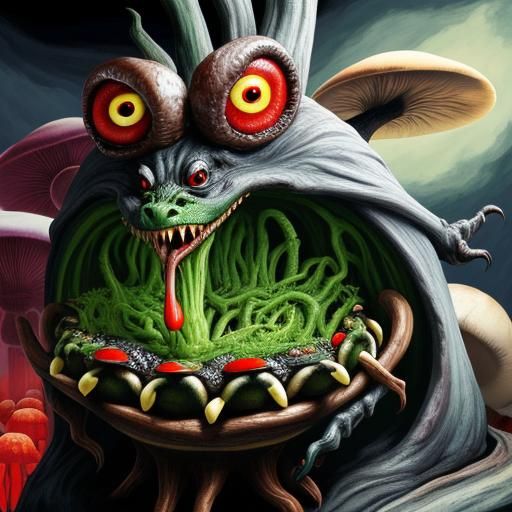 Dark Sinister Fantasy Mushroom Monster with eyes, mouth and limbs ...