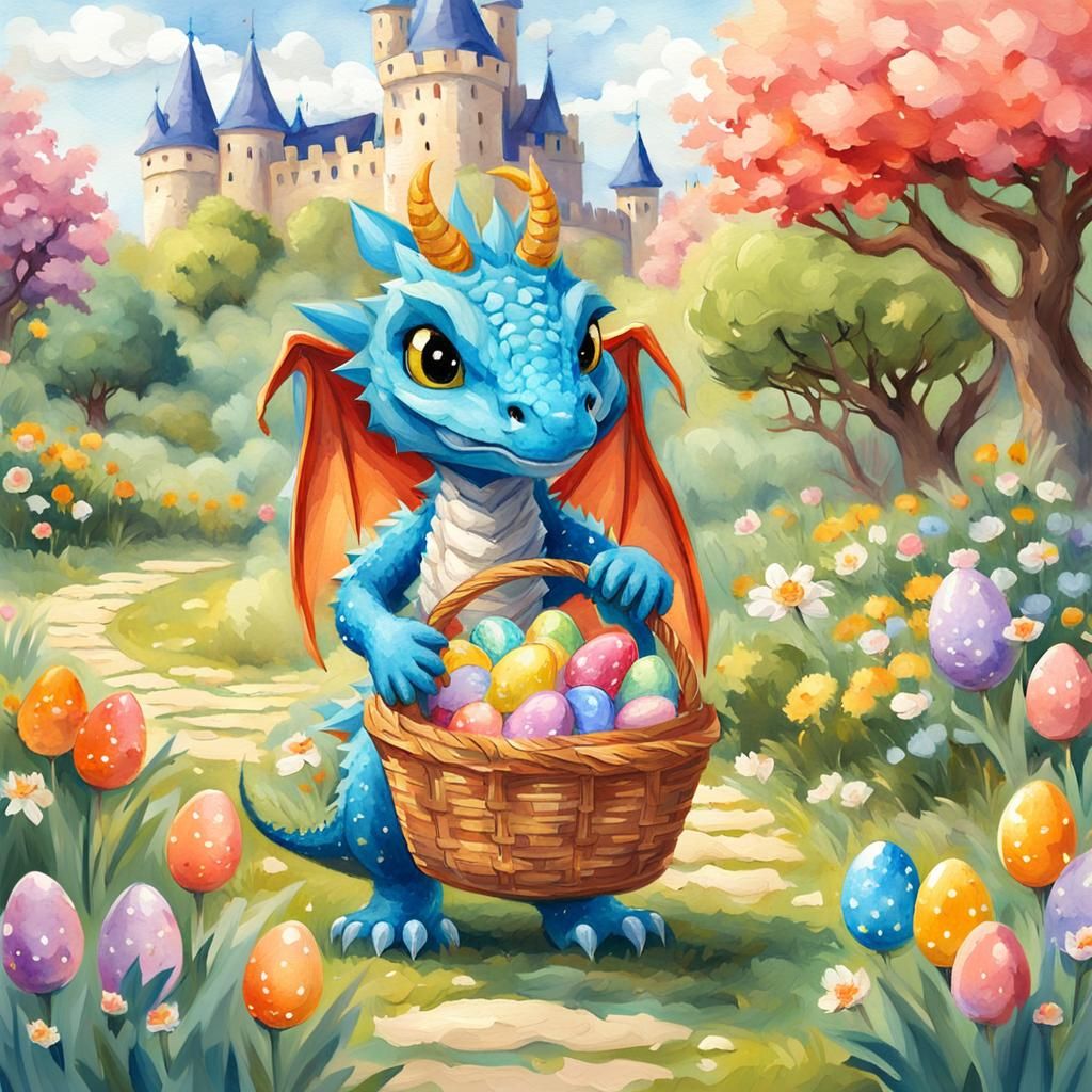cute chibi dragon holding a basket hunting for easter eggs in a garden ...