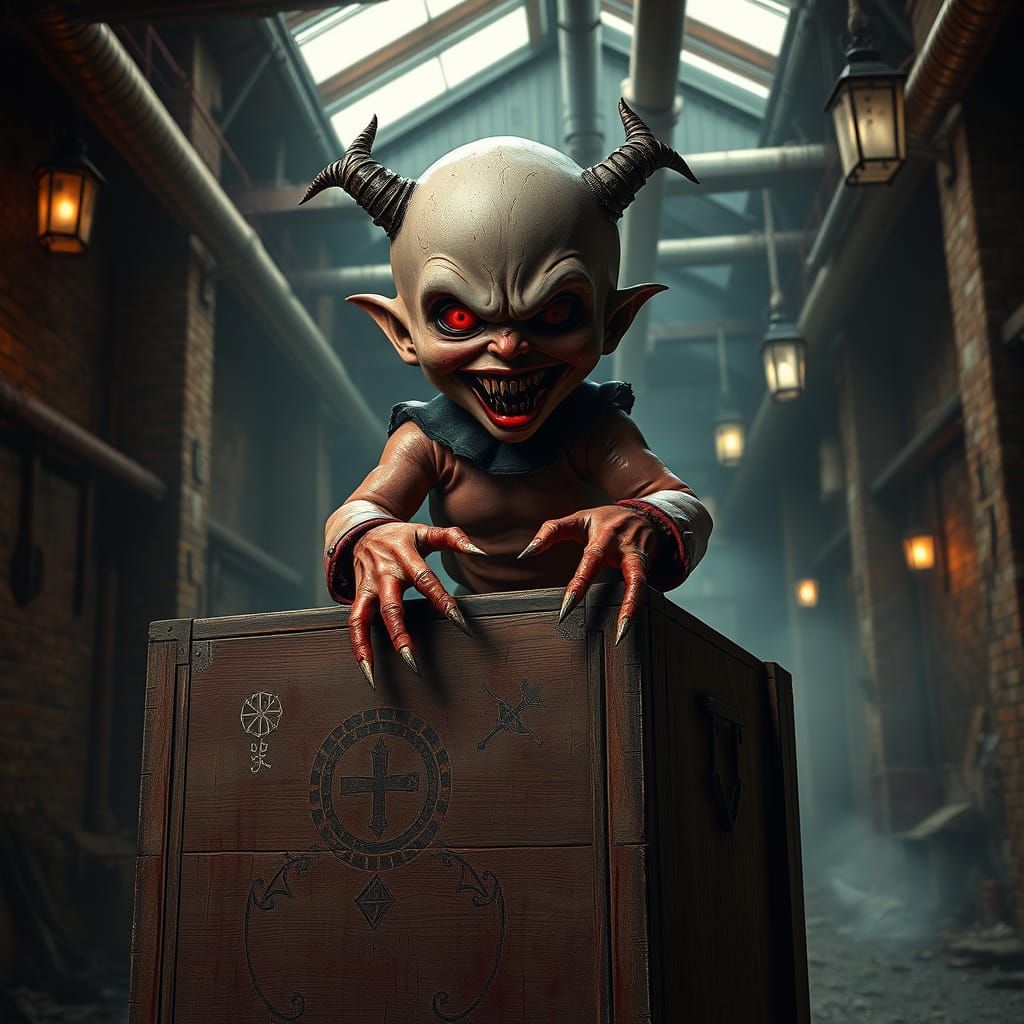 A photo of an evil, demonic haunted red doll with glowing red eyes and ...