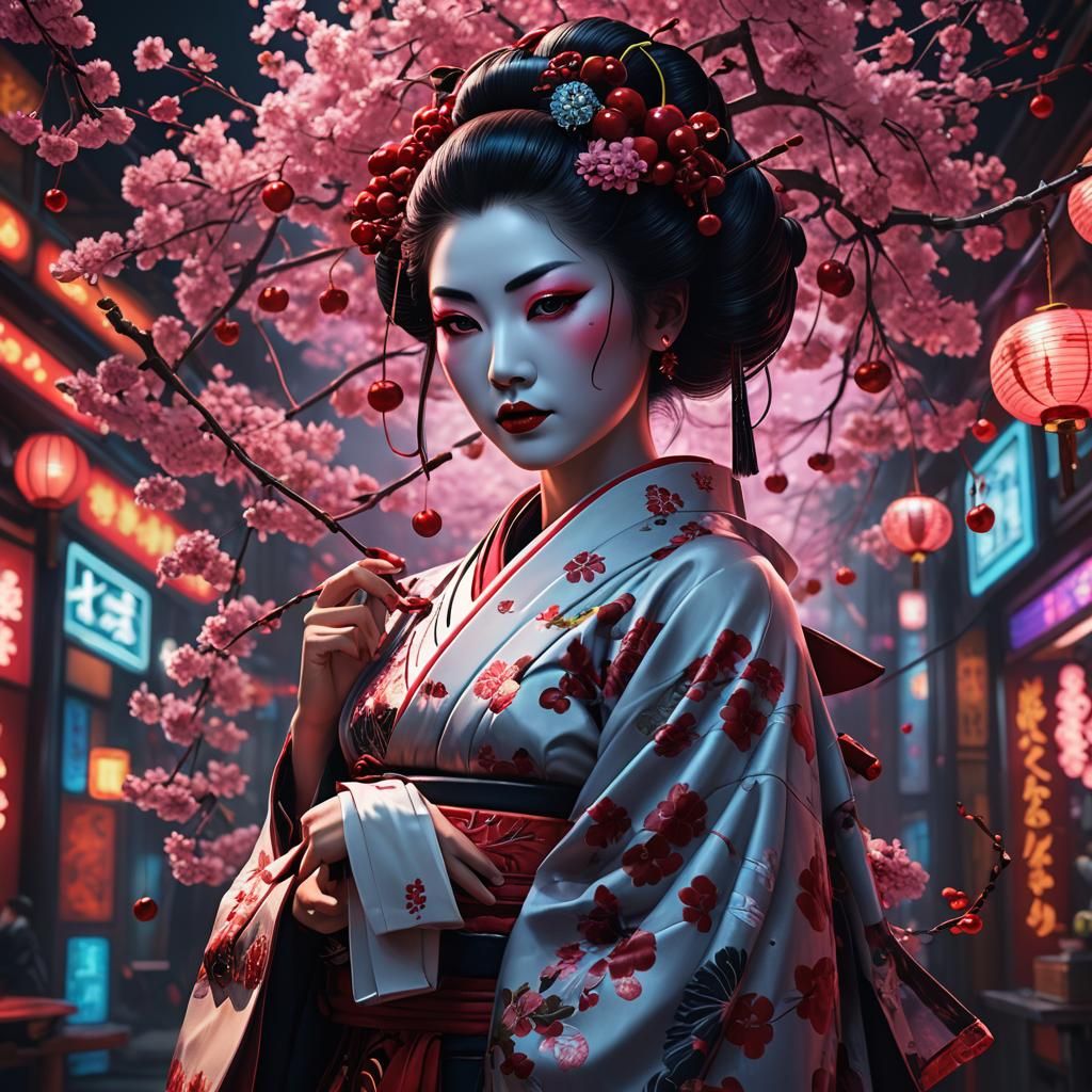 geisha in front of neon light featuring cherries - AI Generated Artwork ...