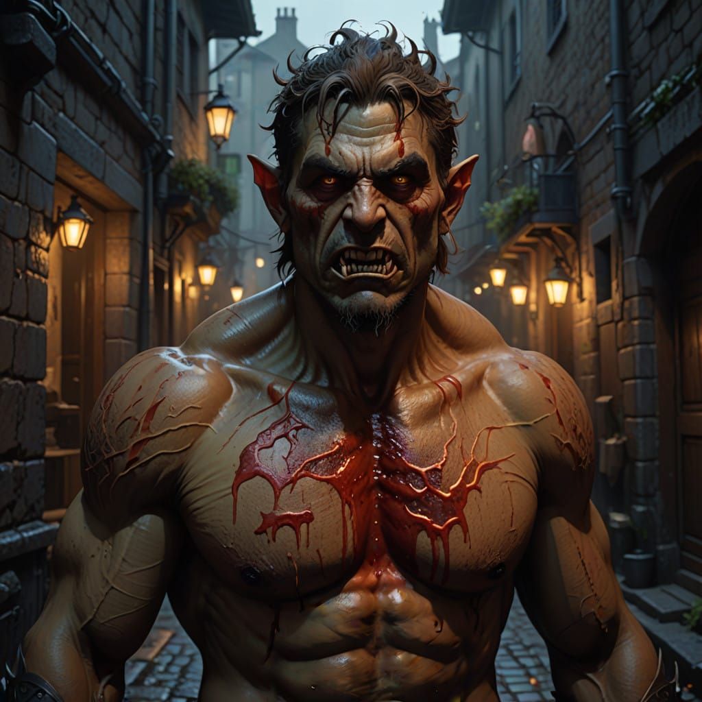 An Orc Zombie in tattered rags, shirtless, snarling at the viewer