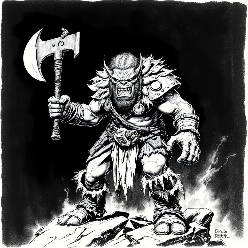 classic orc from 1st edition ADnD in black and white drawing.
