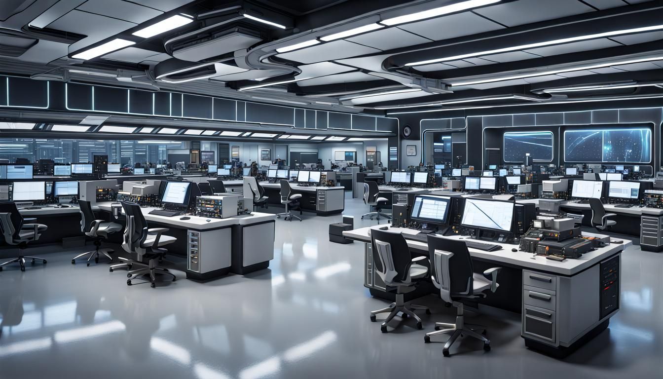 Newsroom in the year 2285. spacecore, photorealism, intricately ...