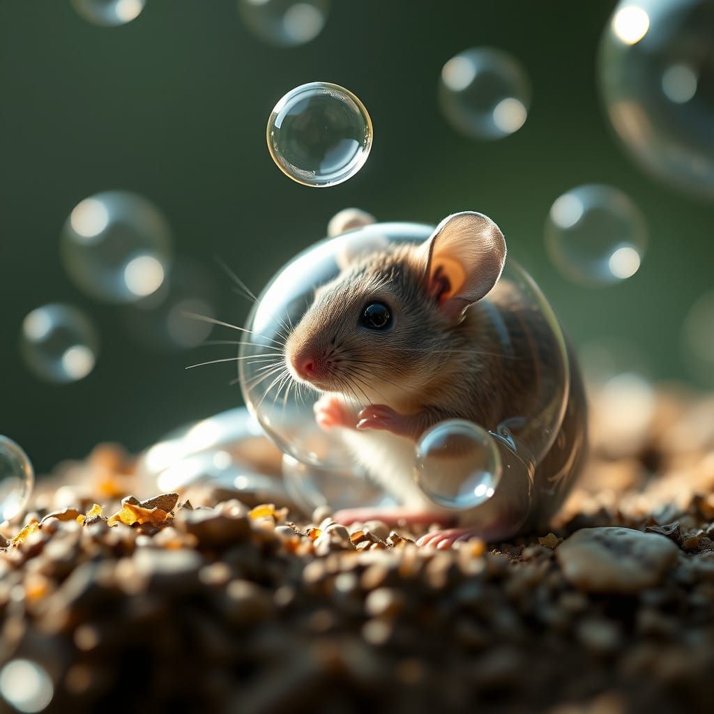 A Whimsical Mouse in a Sea of Bubbles, Shot in Pro... - AI Art