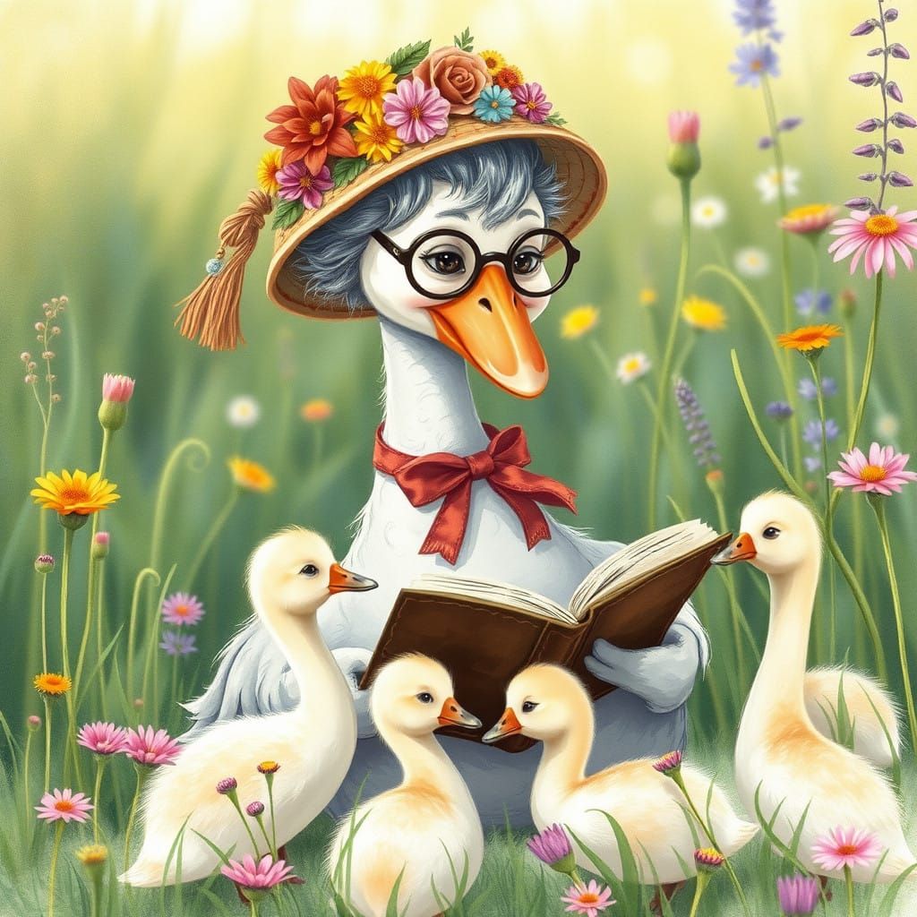 grandmother goose reading to baby goslings