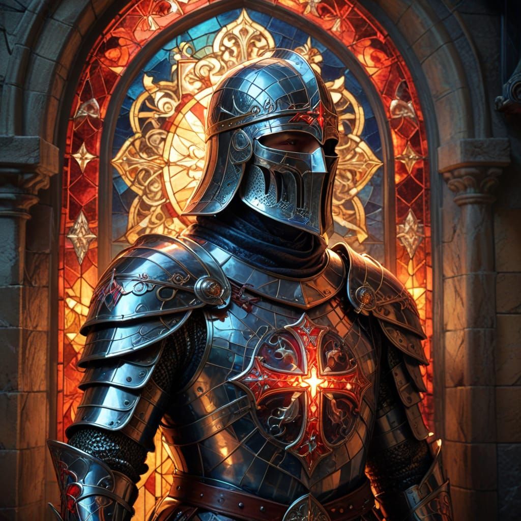 Stained Glass window behind a Knights Templar warrior. Scene from Book ...