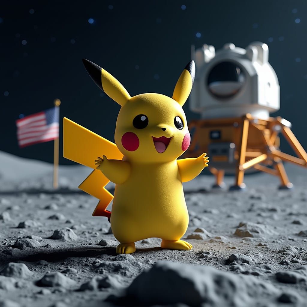 Pikachu at the first landing on the moon realistic and very detailed