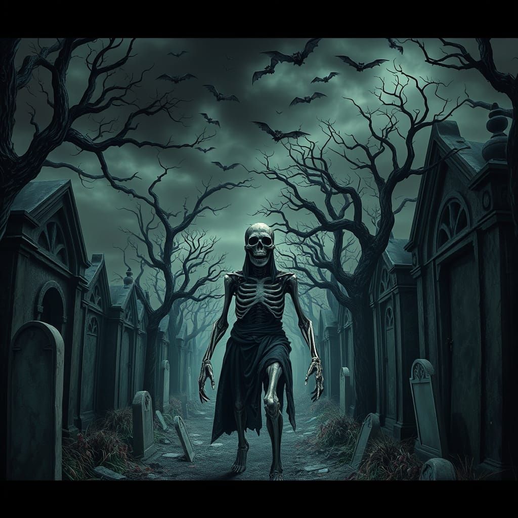 Reanimated Corpse Emerges from Cemetery Shadows in... - AI Art