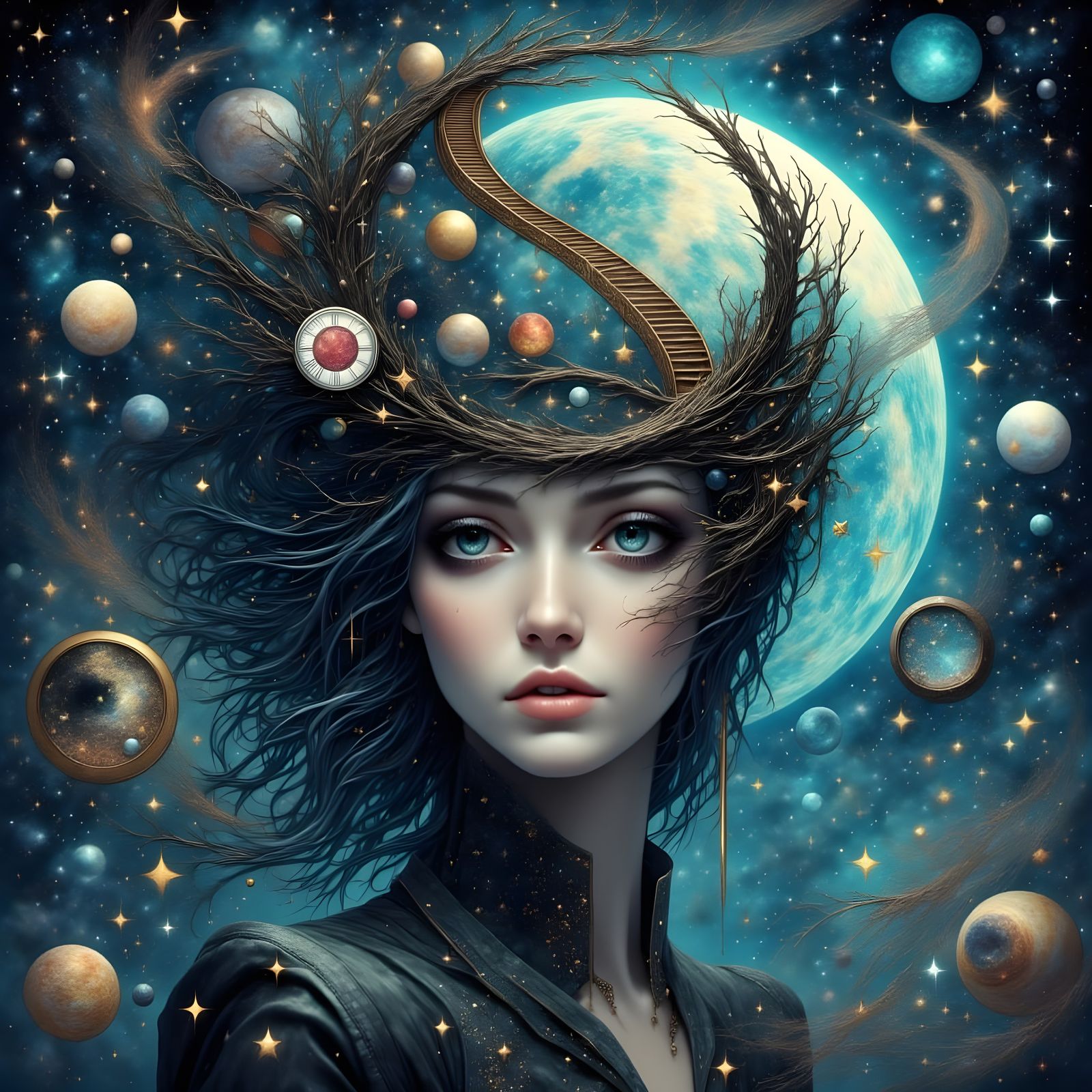 A highly visible, realistic masterpiece of a woman with with a dimensions, multiverses, of ...