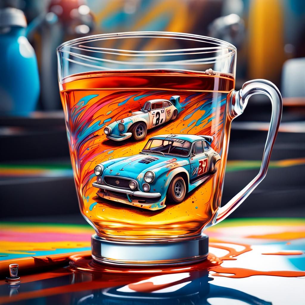 a very colorful Drag racing scene from the inside of a Teacup - AI ...