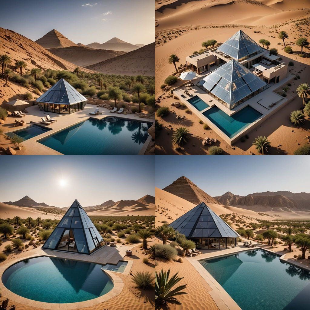 Luxury Pyramid Retreats in Desert Oasis Style - AI Art
