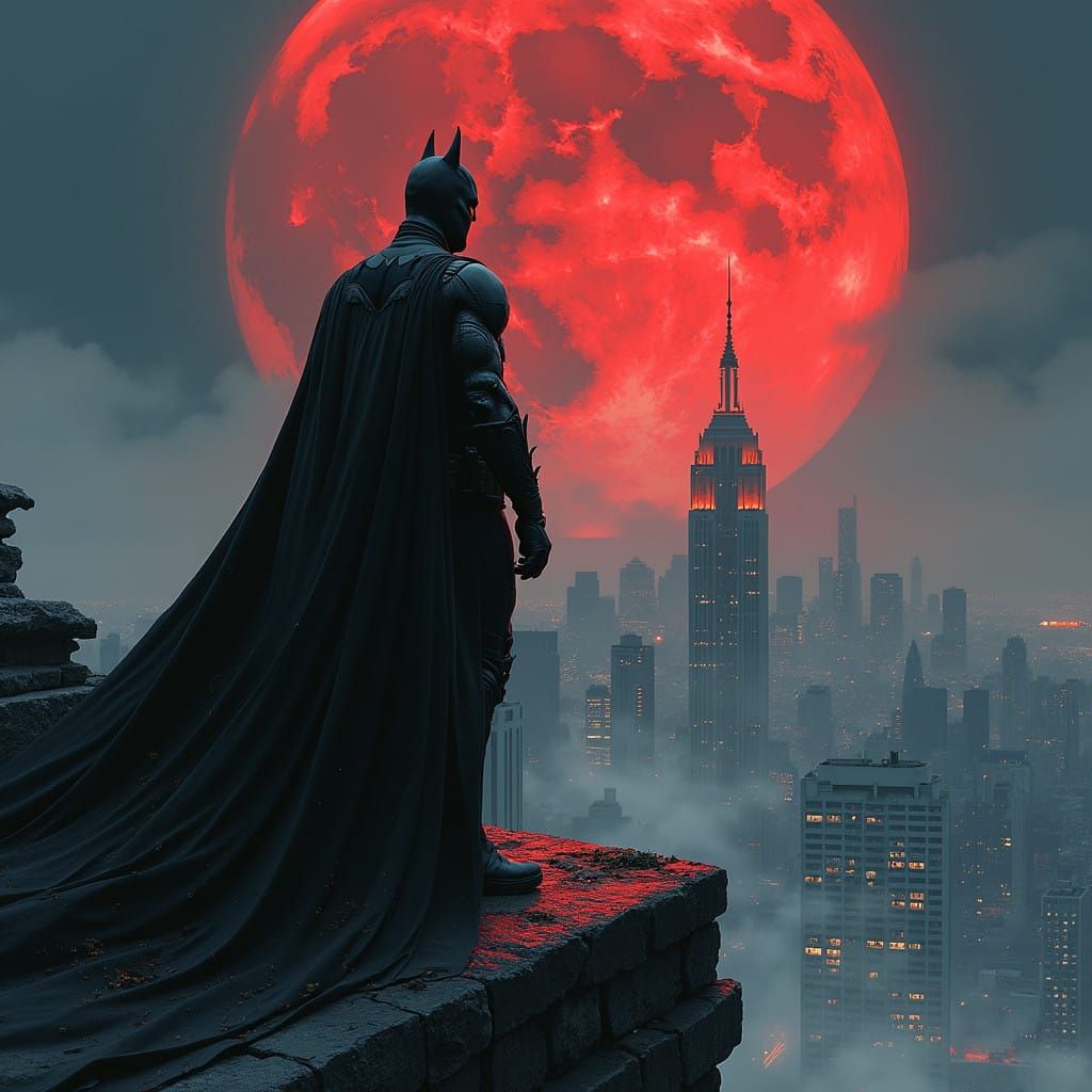 Batman in Gothic Horror Cityscape Under Blood Moon - AI Art