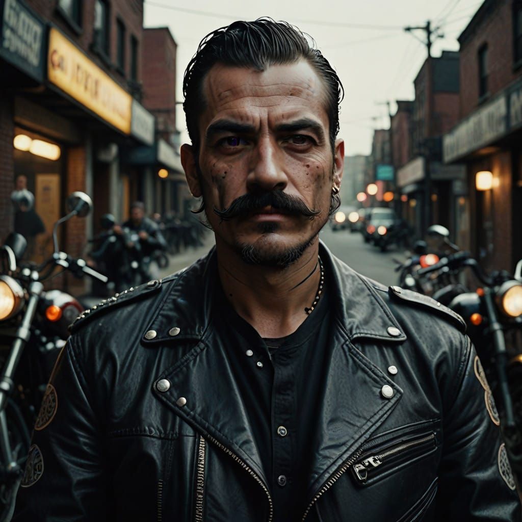 Tough Biker with Handlebar Moustache and Gang Tatt... - AI Art