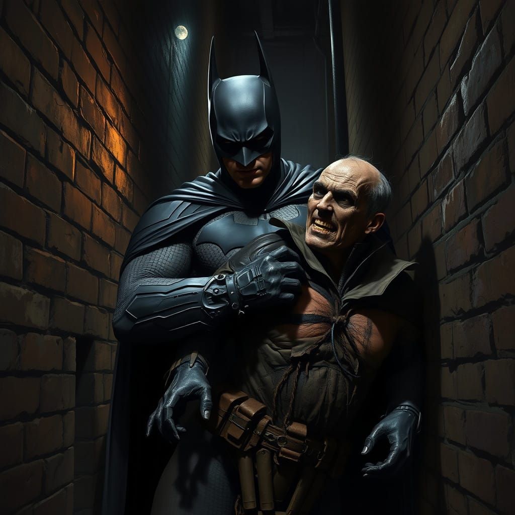 Dark Gritty Batman in Tactical Batsuit Subdues a F... - AI Art