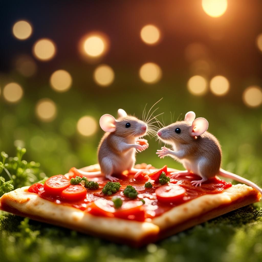 Photograph, Macro, mice love to eat square pizza on the meadow, depth ...