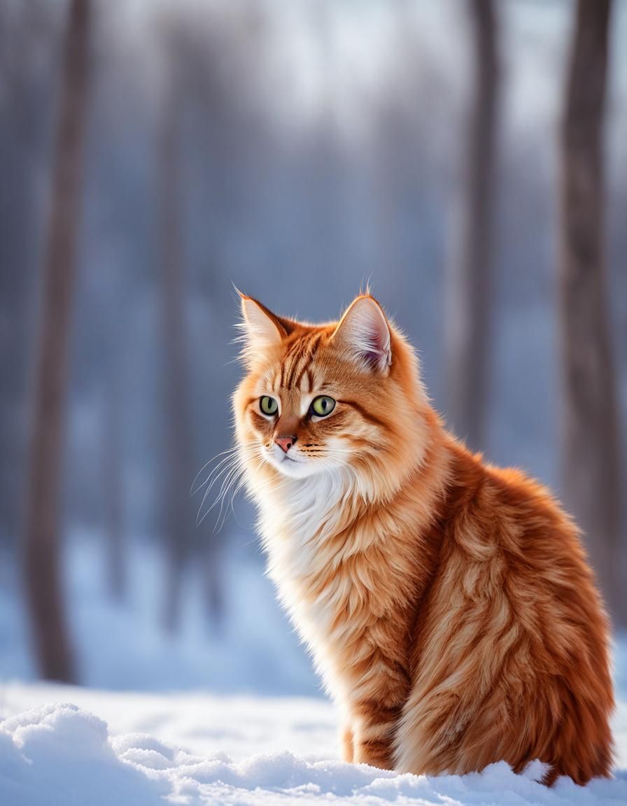beautiful cute cat in snow, oil painting style, haze, beautiful colors ...