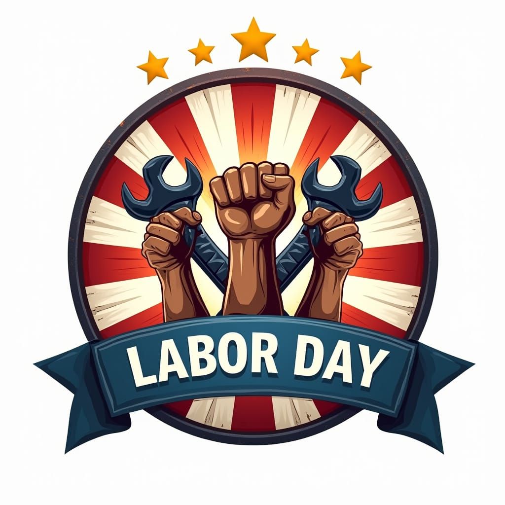 United Labor Day Emblem in Vibrant Red and White - AI Art
