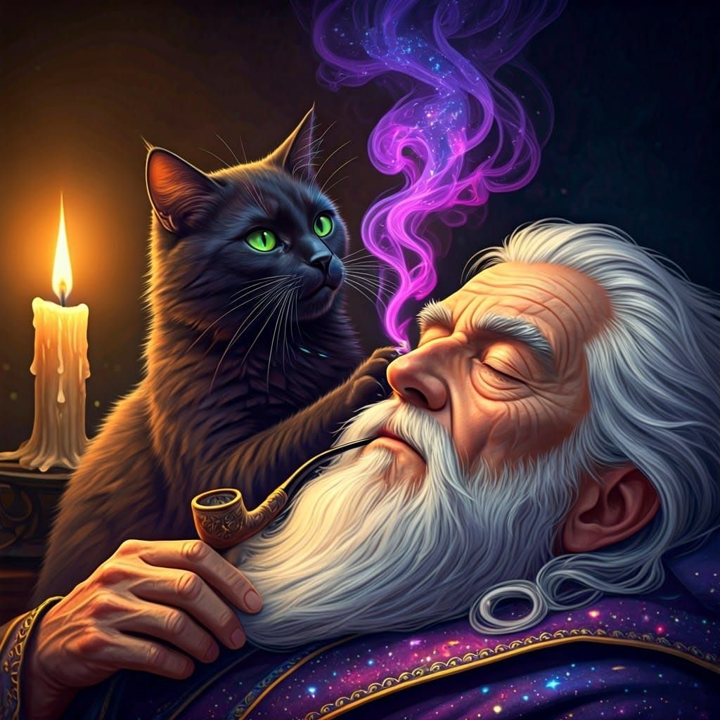 Stealing and playing with the sleepy wizard's magical pipe smoke