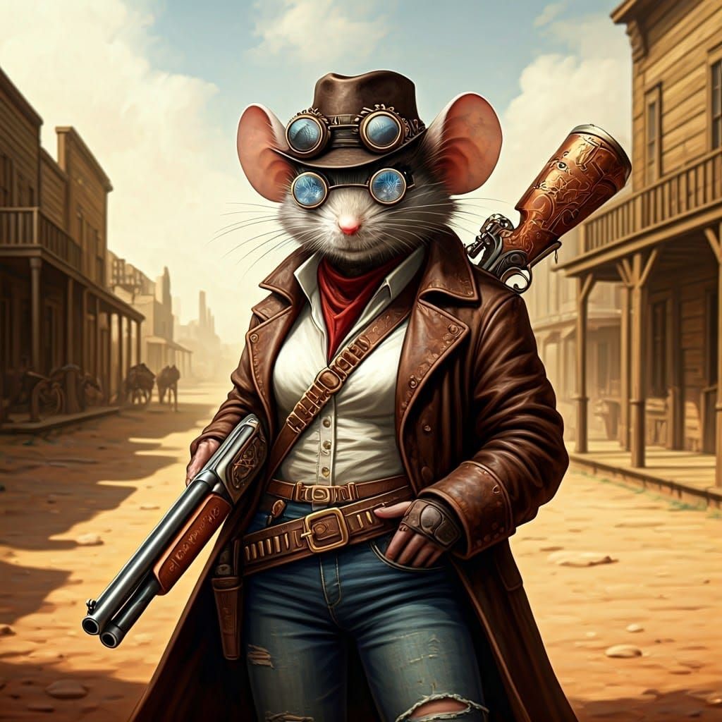 A captivating-styled mouse in a robust cowboy outfit stands prepared ...