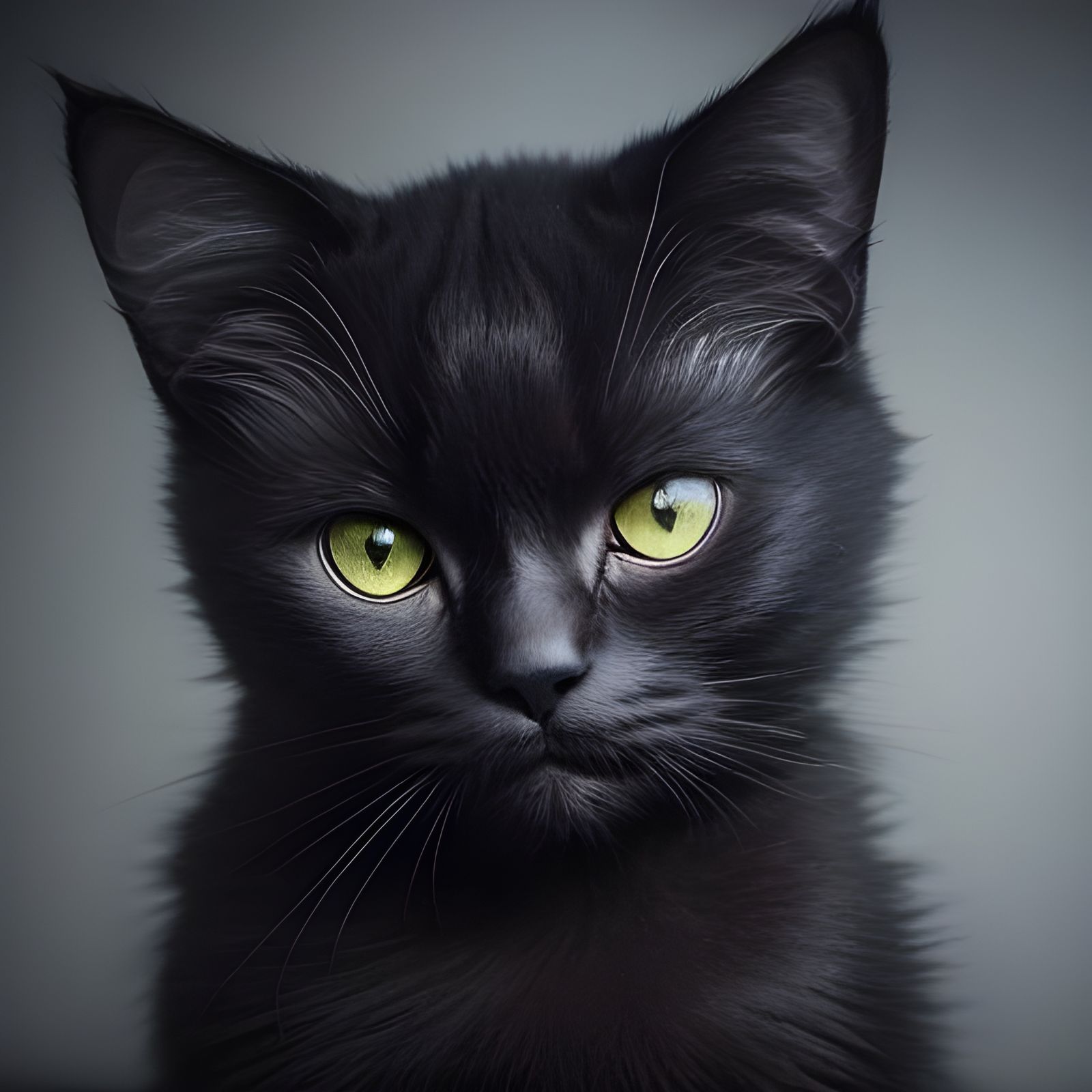Fluffy black cat looks curious and very attentive with lively twinkling ...