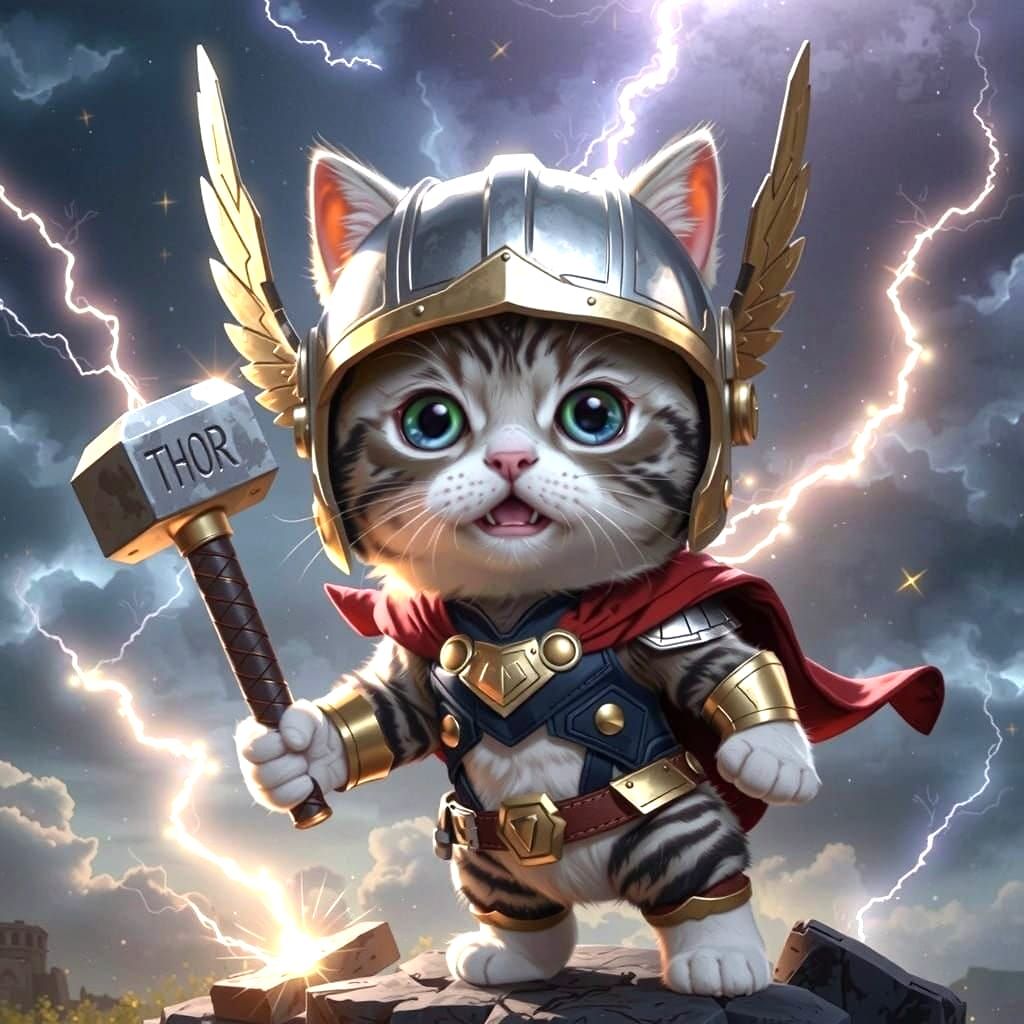 Meow Thor - Whimsical Cat Gods Soar with Lightning Fury