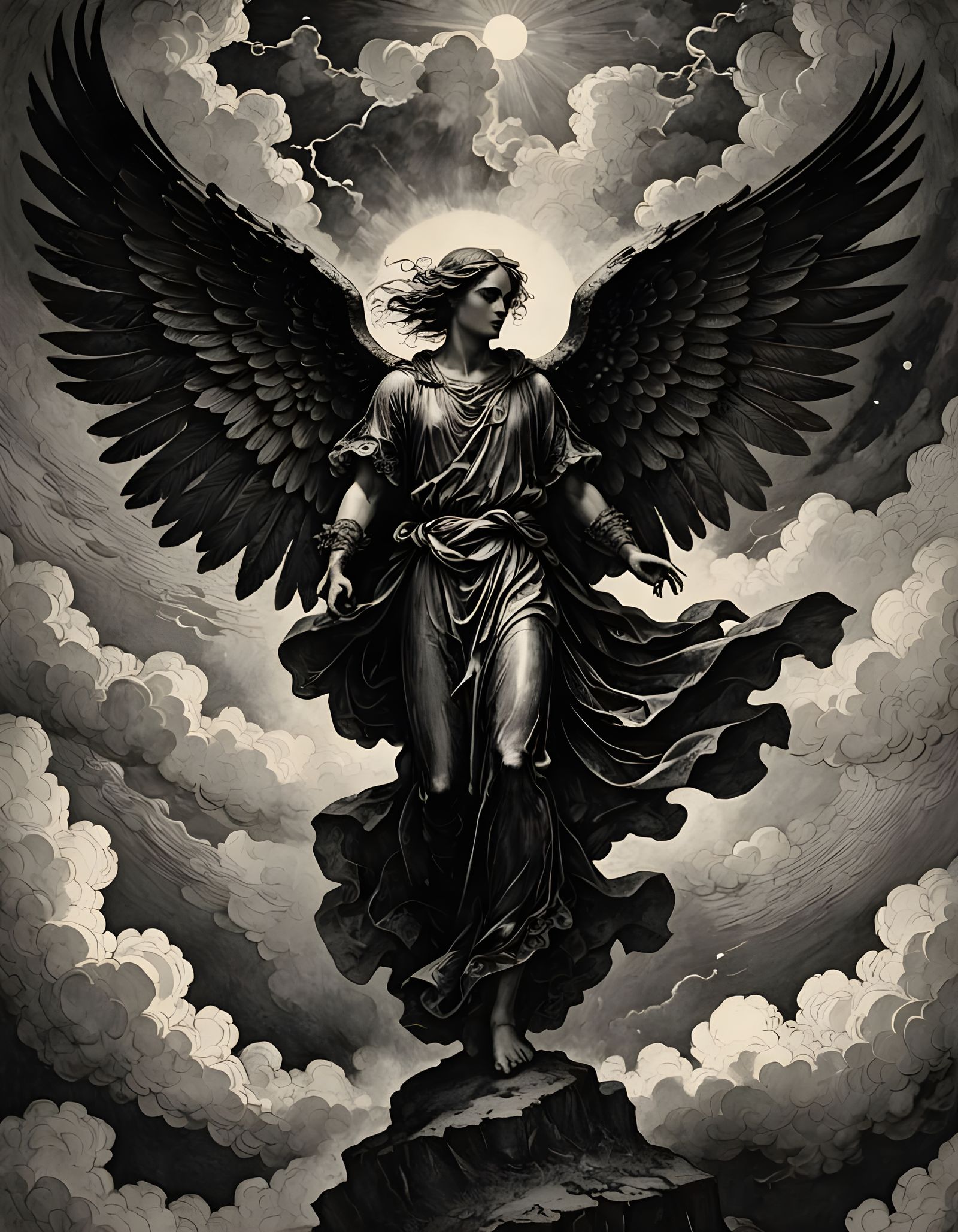 Ethereal Angel in Monochromatic Woodcut Style - AI Art