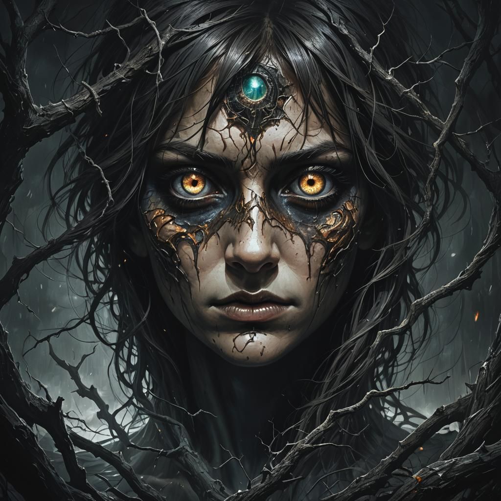 Against a backdrop of utter darkness, two eyes emerge from the darkness ...