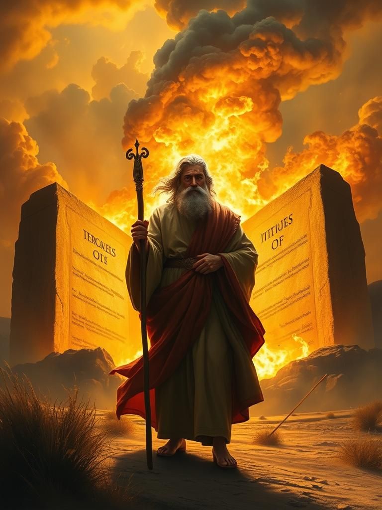 Moses Surrounded by Fiery Inferno of Burning Table... - AI Art