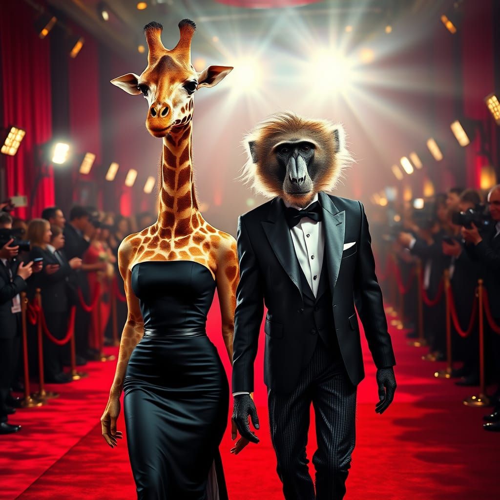 Elegant Giraffe and Baboon Stride Down Red Carpet ... - AI Art