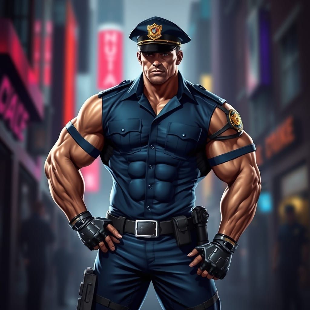 Futuristic Bodybuilder Cyborg as Gritty Cop in Neo... - AI Art