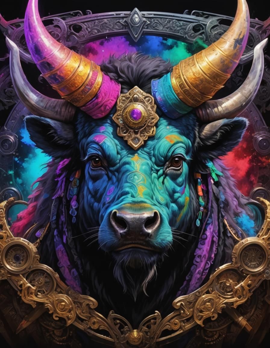 Hyper detailed cubist psychedelic artwork of a african buffalo with ...