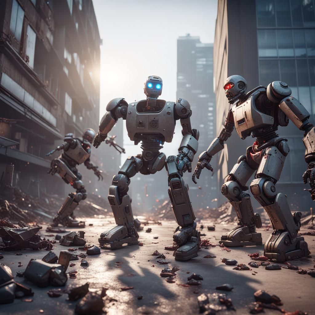 Robots fighting zombies on a building - AI Generated Artwork ...