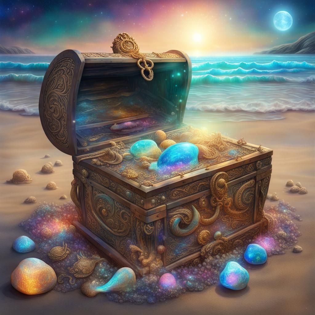 Seashore. an ancient chest of glittering treasures washed up on the ...