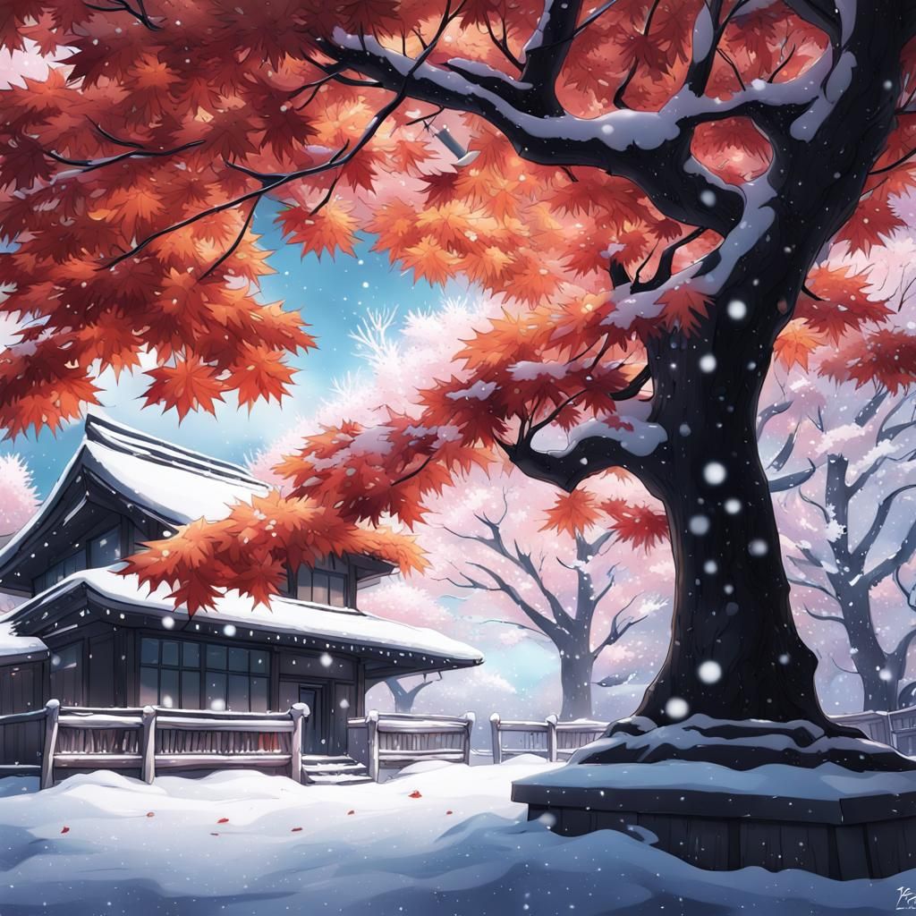 First snow and red leaves - AI Generated Artwork - NightCafe Creator
