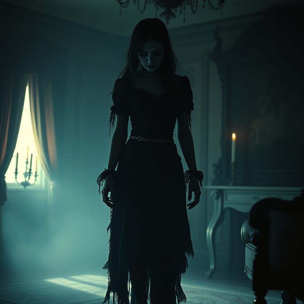 A ghostly gothic girl, draped in tattered, dark Victorian attire, with ...