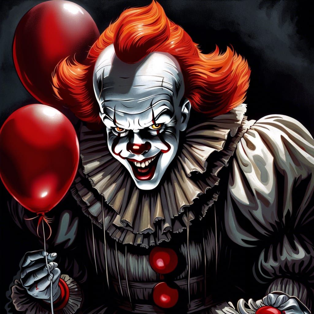 Pennywise leers from the shadows, clutching a blood-red balloon with ...