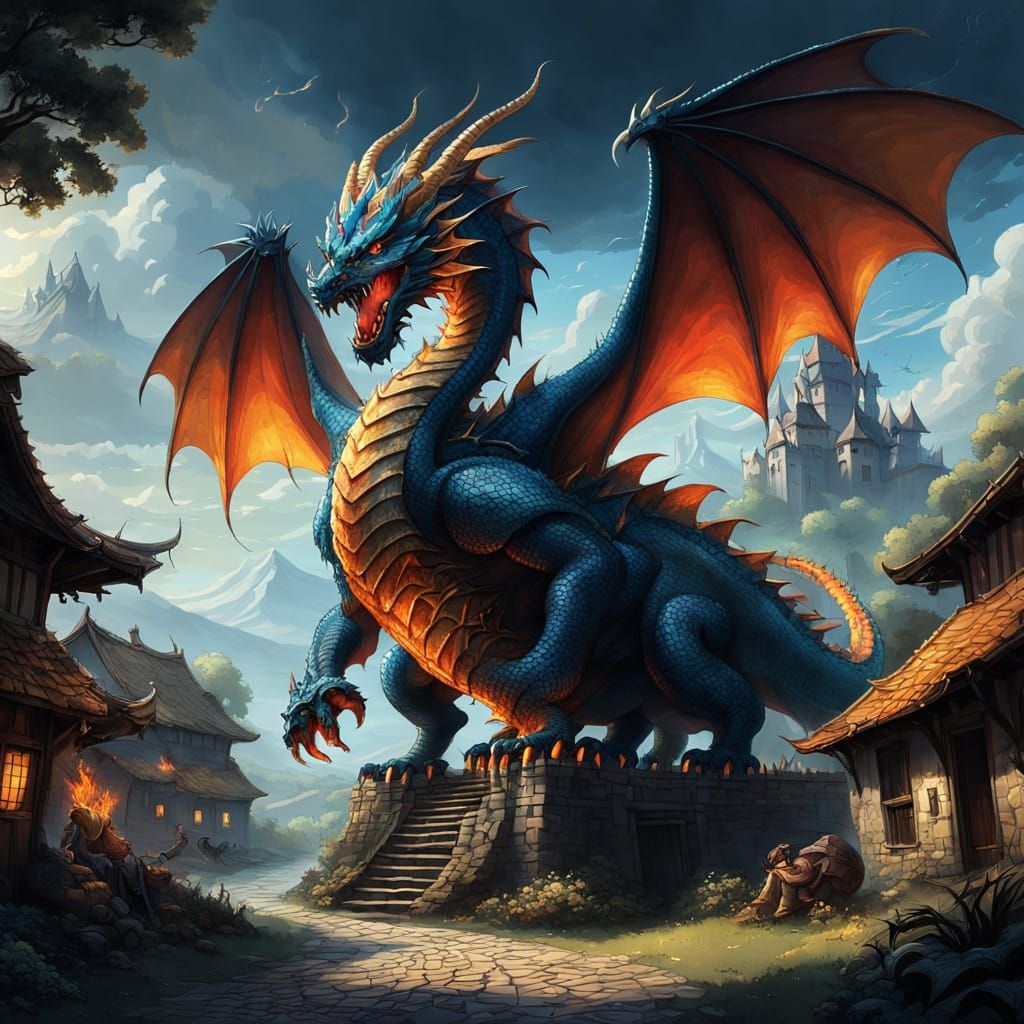Ethereal Arcturus Dragon Engulfs Village in Radian... - AI Art