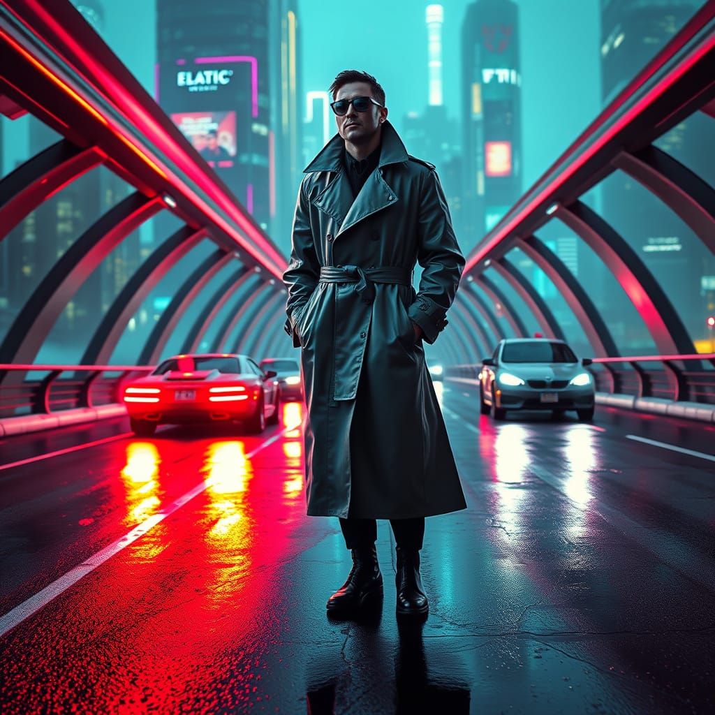 Futuristic Rebel on Neon Bridge - AI Art