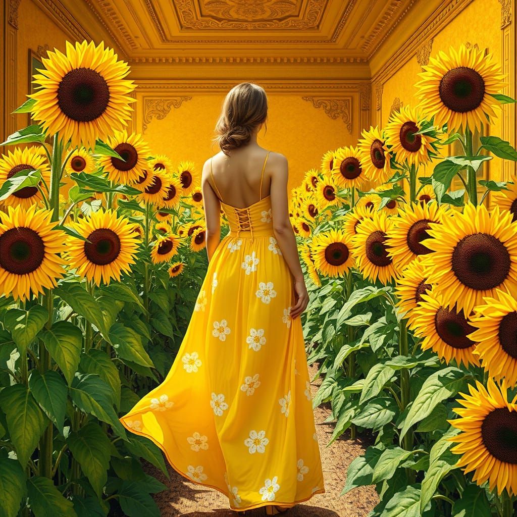 Woman Amidst Sunflowers in a Vibrant Gallery Inter... - AI Art