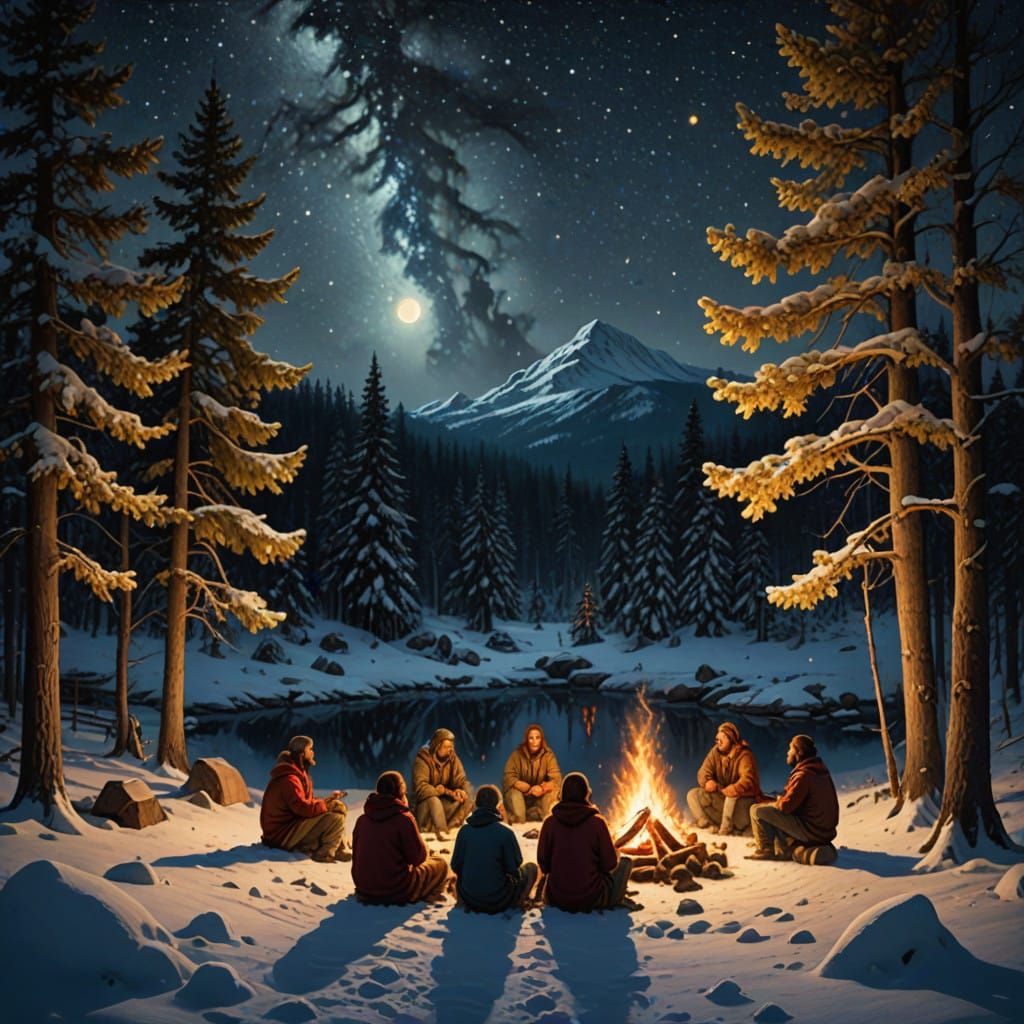 Jesus and Friends Gather 'Round a Glowing Campfire... - AI Art