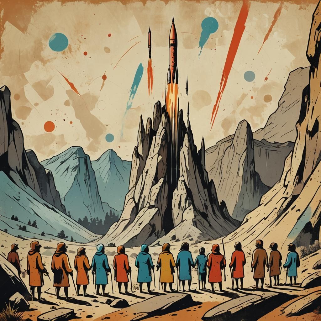 A cave painting depicting a group of early humans watching a rocket ...