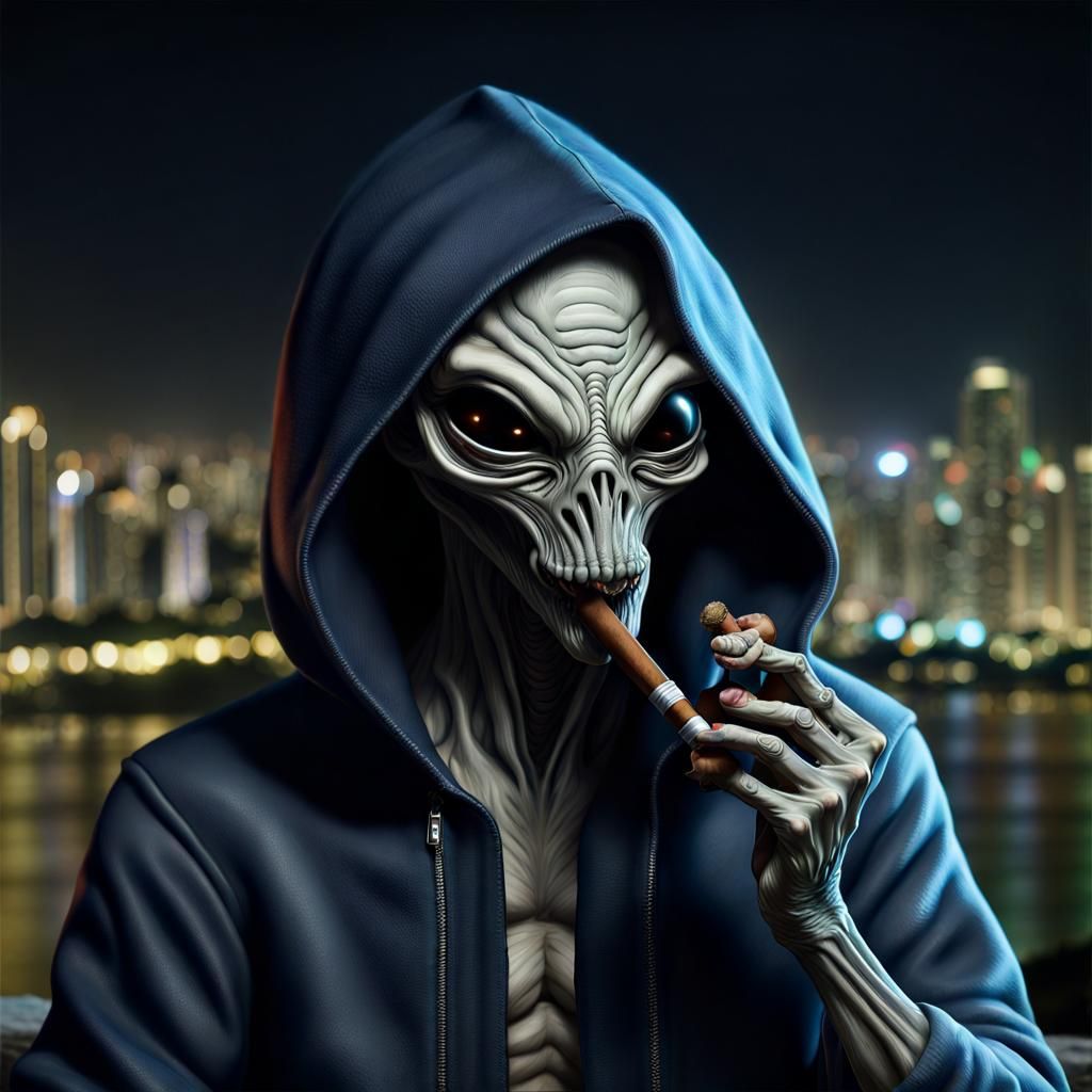 Hooded alien creature smoking cigar, - AI Generated Artwork - NightCafe ...