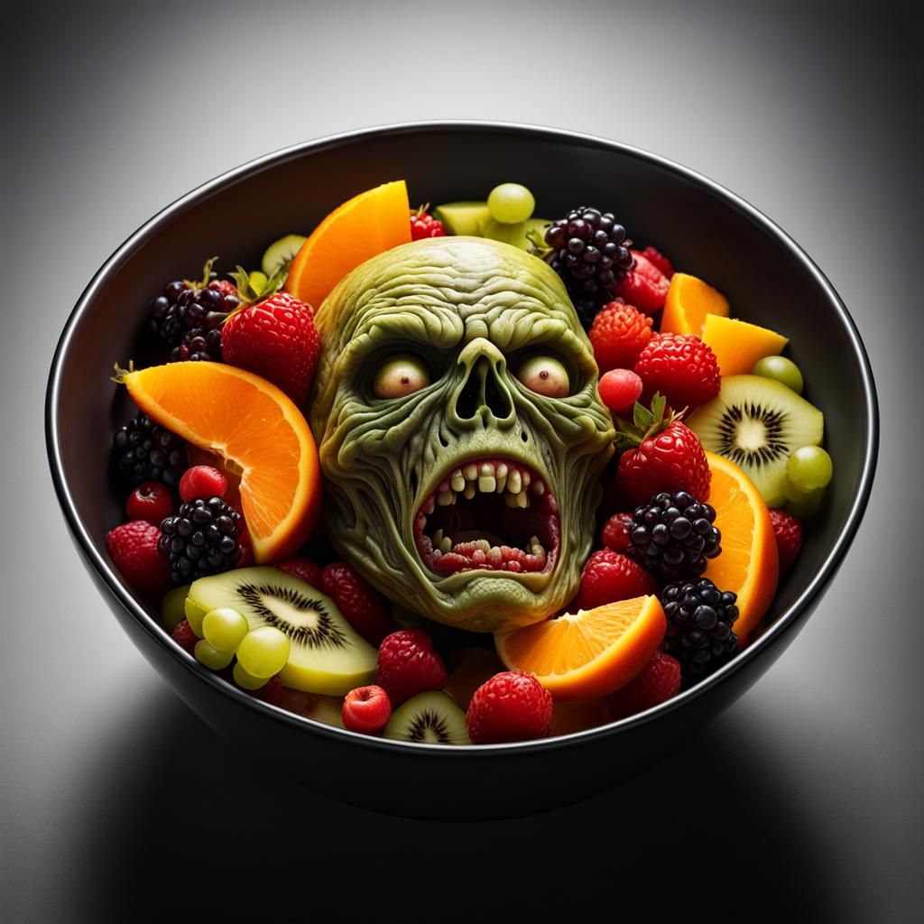 A zombified face in a bowl of fruit salad, food photography, zombie ...