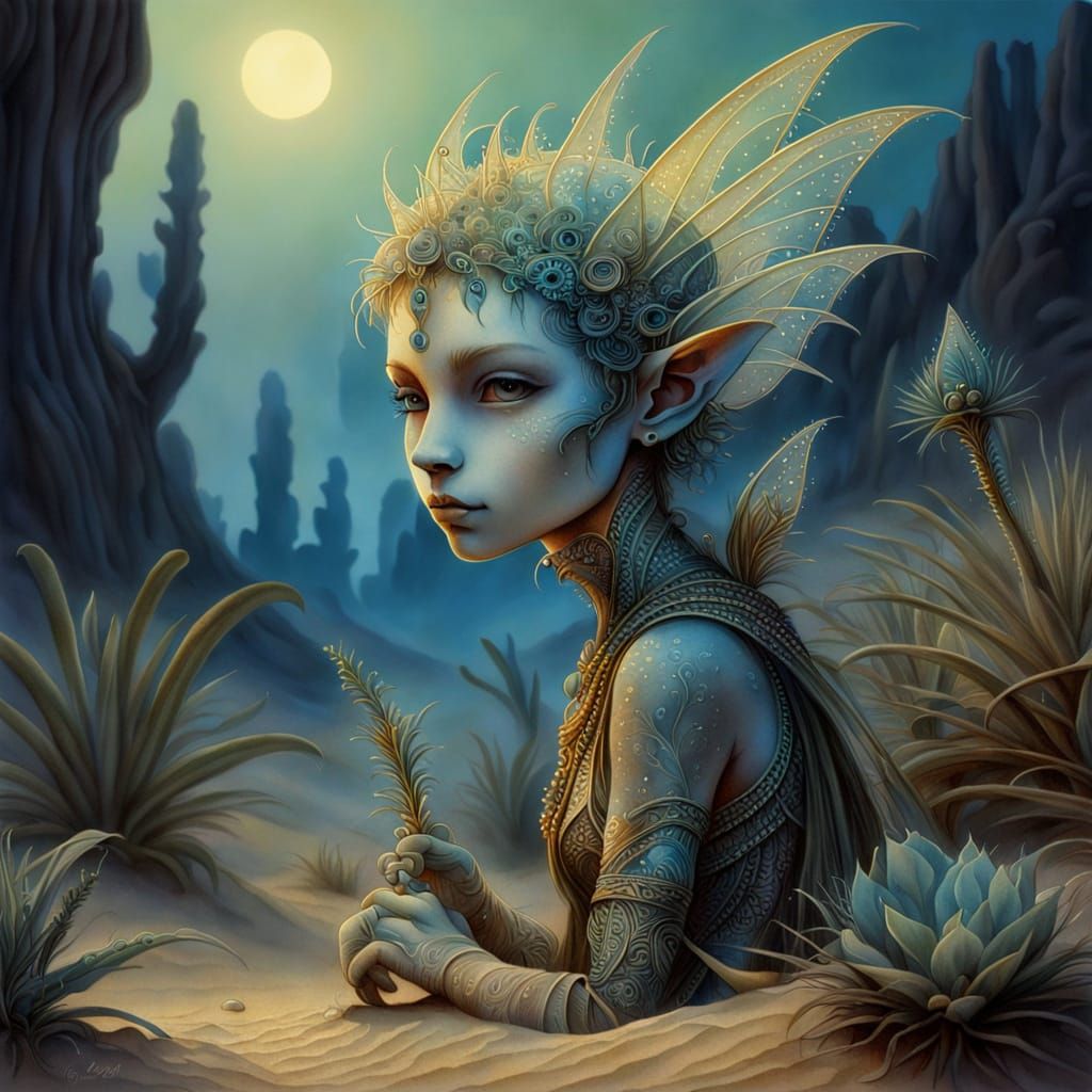 Portrait of a tiny Sand Pixie, gathering Dew from desert plants, in the ...