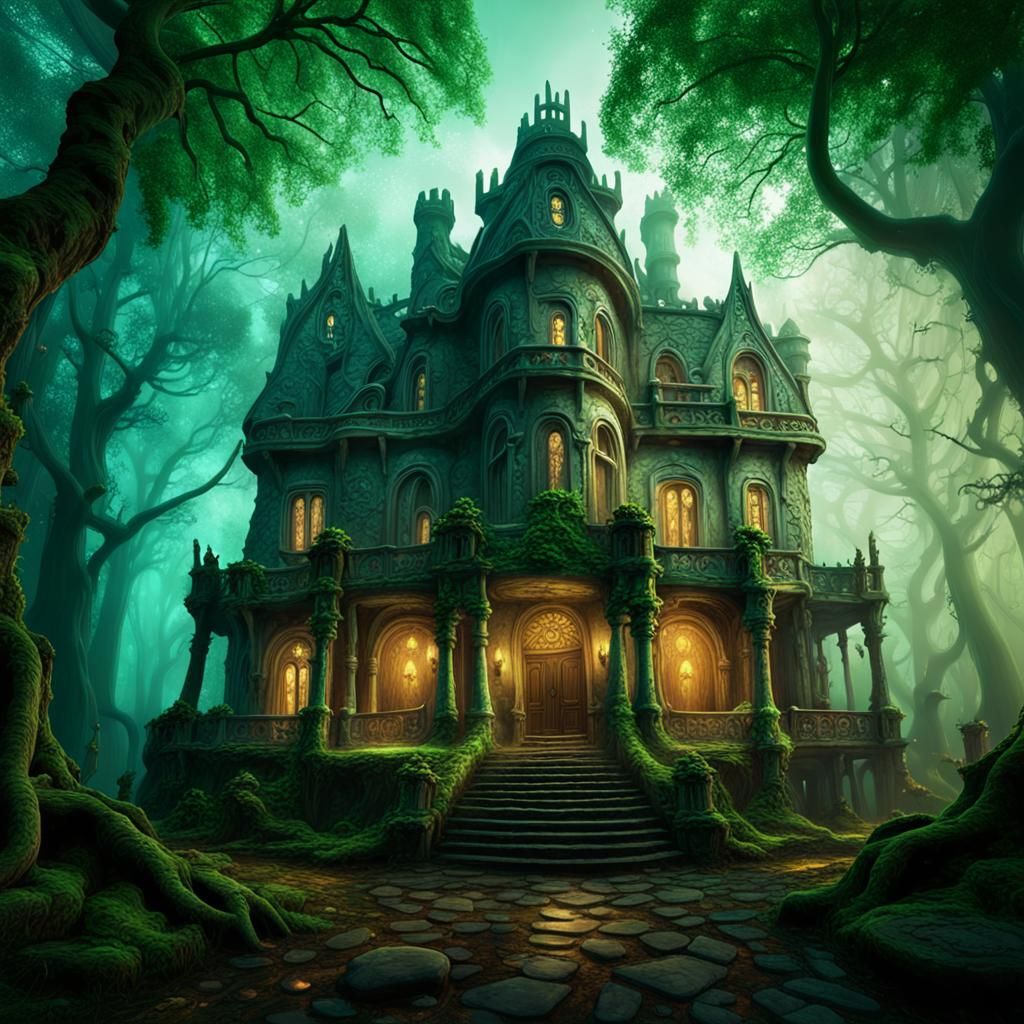 Ethereal Irish Fantasy Mansion in Mystic Forest - AI Art