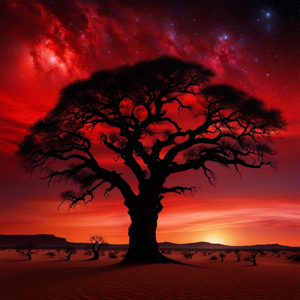 Silhouette of Dead Australian Boab tree, in red desert sands, against ...