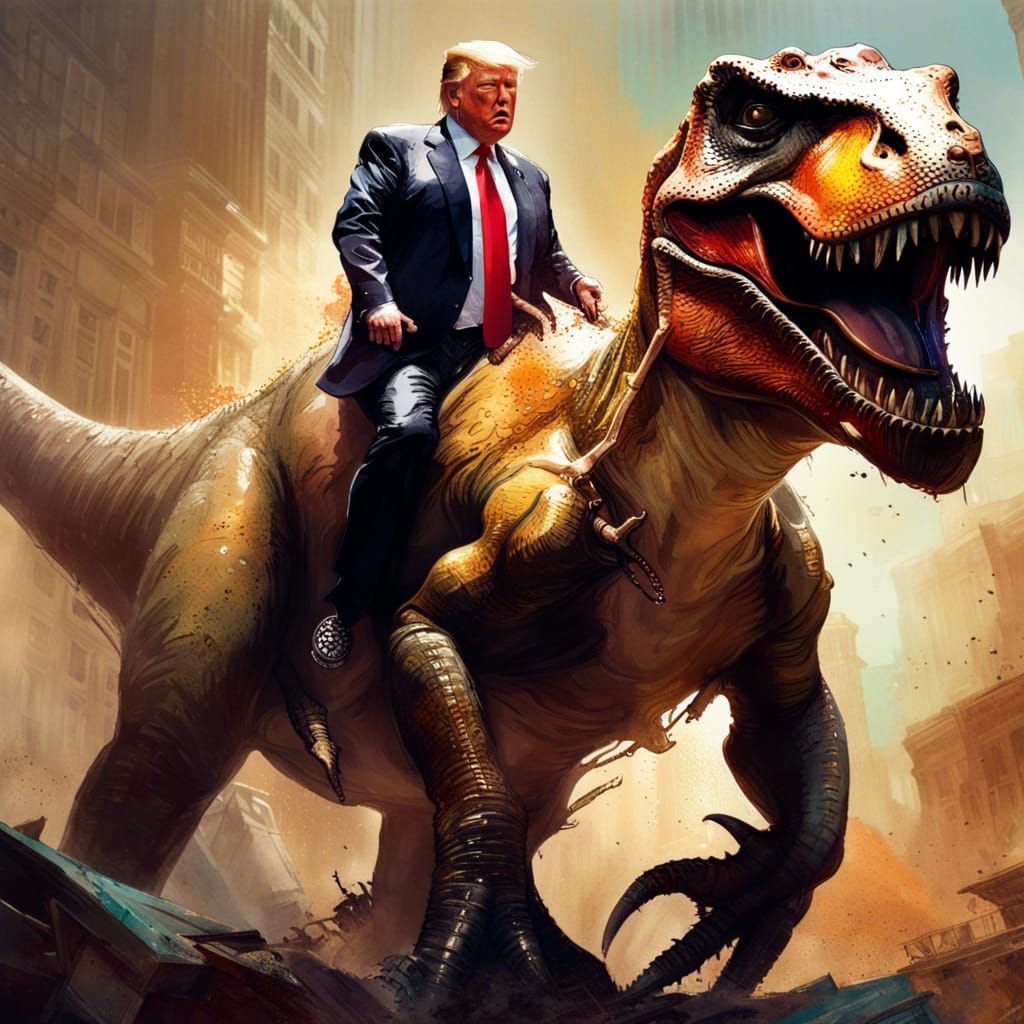 President Trump, riding on top of Tyrannosaurus Rex, Majestic, Regal ...