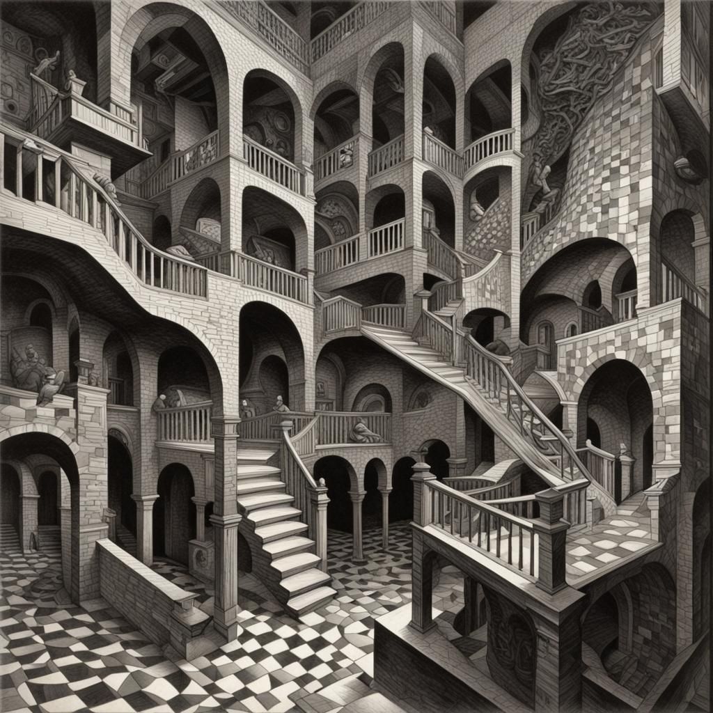 Relativity by M.C. Escher, 1953 - AI Generated Artwork - NightCafe Creator