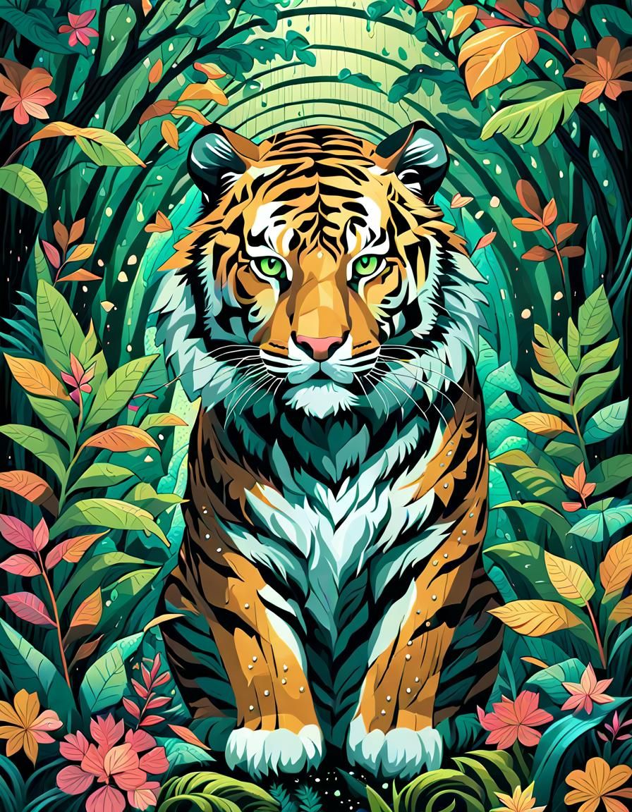 Enchanted Tiger Emerges from Radiant Forest - AI Art